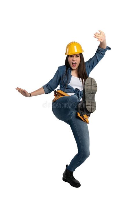 Energetic Female Construction Worker In Action Pose Stock Image Image