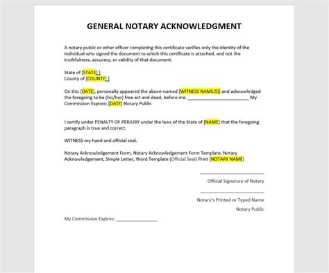 General Notary Acknowledgement Form Notary Acknowledgement Form