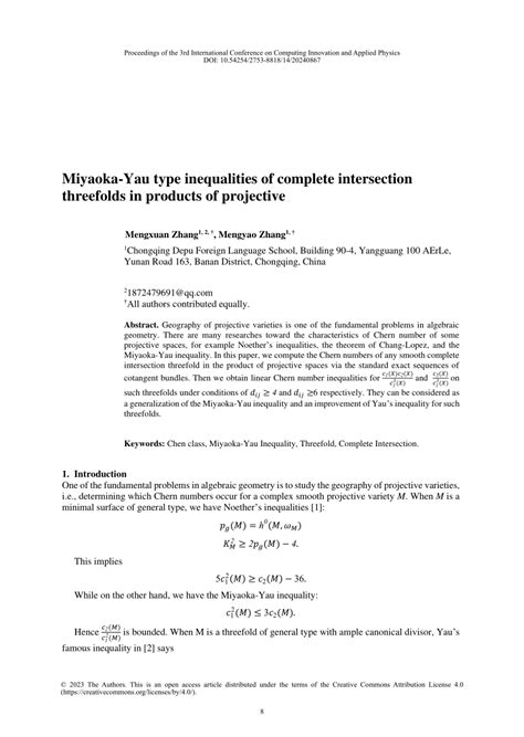 Pdf Miyaoka Yau Type Inequalities Of Complete Intersection Threefolds In Products Of Projective