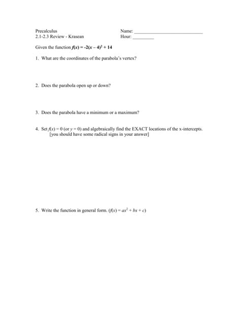 Precalculus Review Worksheet