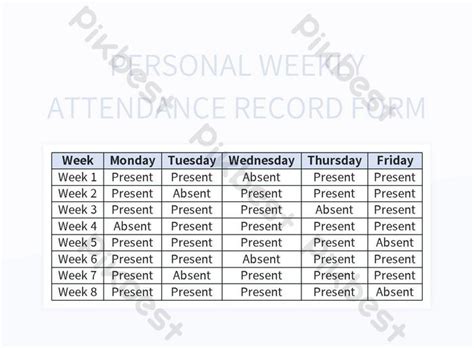 Personal Weekly Attendance Record Form Excel Template Free Download Pikbest