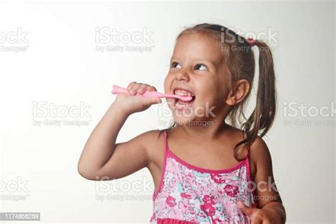 복사 공간으로 흰색 배경 위에 칫솔로 치아를 닦는 어린 소녀 가족에 대한 스톡 사진 및 기타 이미지 가족 개념 건강한 생활방식 Istock