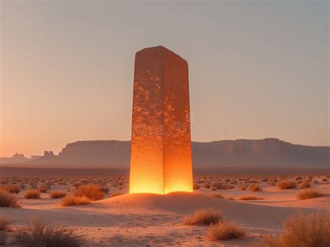Luminous Monolith In Desert Landscape At Sunset Evoking Mystery And Isolation Stock Image