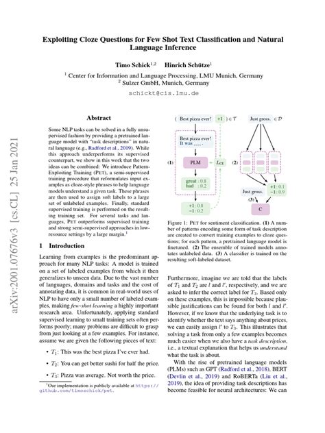 Exploiting Cloze Questions For Few Shot Text Classification And Natural Language Inference Pdf