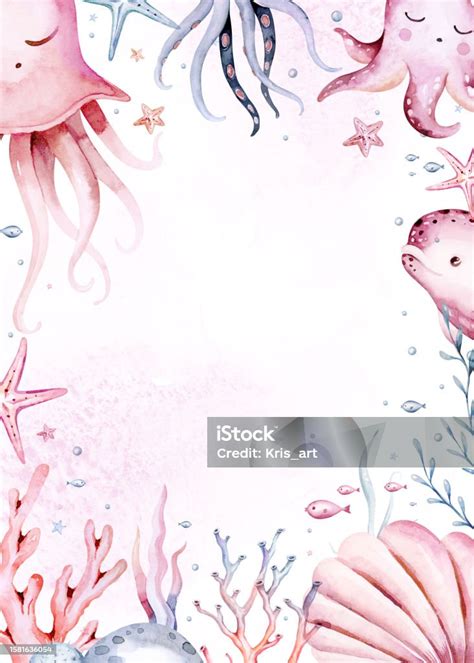 수중 베이비 샤워 템플릿 푸른 수채화 잠수함 바다 물고기 거북이 고래 및 산호 쉘 수족관 배경 해상 스노클링 다이빙 돌고래 해양 일러스트레이션 해파리 불가사리 거북이에 대한