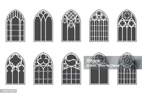교회 중세 창문 세트 오래된 고딕 양식의 건축 요소 흰색 배경에 벡터 글리프 그림 고딕 양식에 대한 스톡 벡터 아트 및 기타 이미지 고딕 양식 창문 스테인드글라스