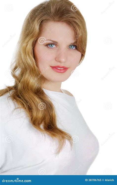 Meisje Met De Grote Borst Op Een Wit Stock Afbeelding Image Of