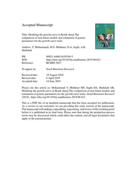 Pdf Modeling The Growth Curve In Kordi Sheepthe Comparison Of Non Linear Models And