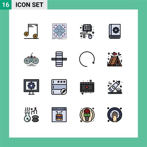 Pictogram Set Of 16 Simple Flat Color Filled Lines Of Game Service Books Instruction