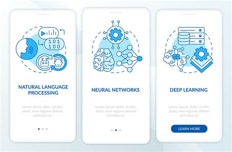Fields Of Machine Learning Blue Onboarding Mobile App Screen Walkthrough 3 Steps Graphic