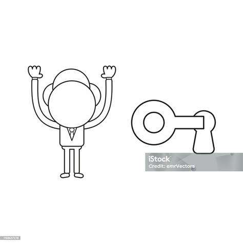 사업가 캐릭터 잠금의 벡터 그림 또는 키와 열쇠 구멍의 잠금을 해제합니다 검은색 윤곽선 가리기에 대한 스톡 벡터 아트 및 기타