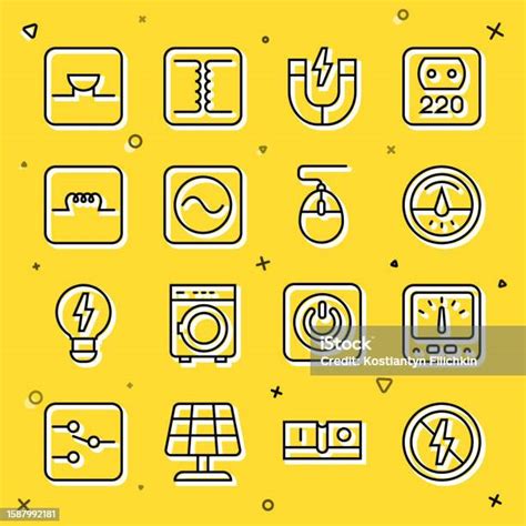 설정 라인 번개 암페어 미터 멀티 미터 전기 자석 Ac 전압 소스 인덕터 전자 회로 부저 및 컴퓨터 마우스 아이콘이 없습니다