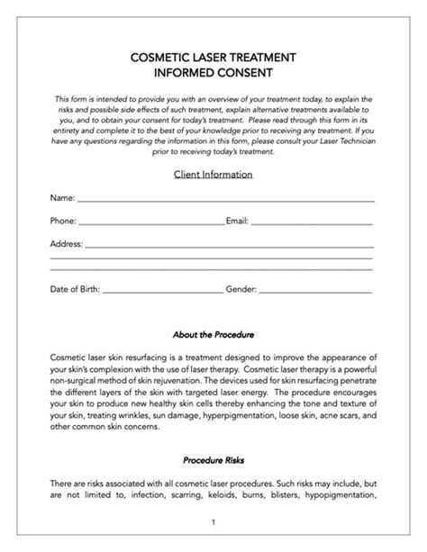 Cosmetic Laser Consent Form Laser Resurfacing Informed Consent Laser Technician Client Intake