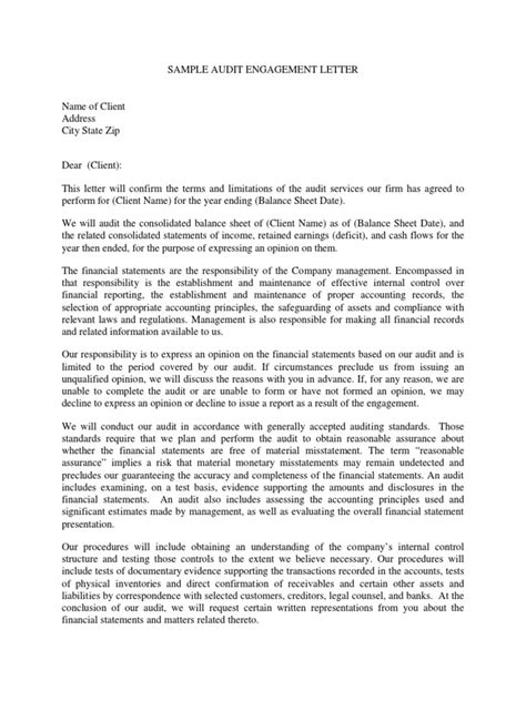 Sample Audit Engagement Letter Pdf Audit Financial Statement