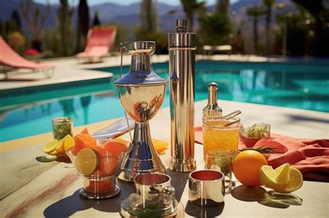 Vintage Cocktail Shaker And Ingredients On Poolside Table Stock Illustration Illustration Of