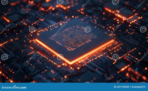 Futuristic Microchip Glowing With Orange Circuits On A High Tech Motherboard Concept Of