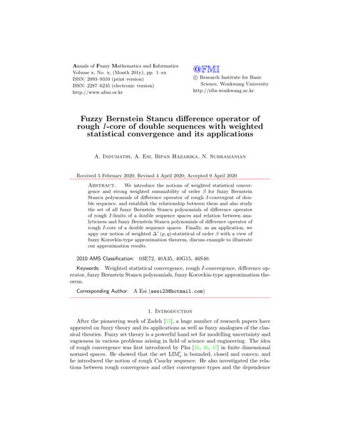 Pdf Fuzzy Bernstein Stancu Difference Operator Of Rough I Core Of Double Sequences With
