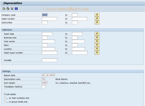 ar03 sap tcode call up depreciation list