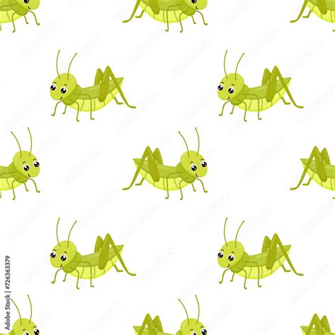 Seamless Simple Pattern With Cute Smiling Grasshopper Isolated On White Background Funny Insect