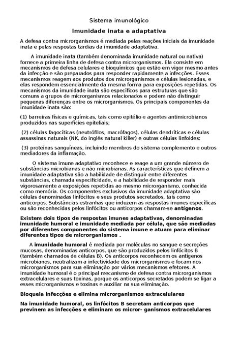 Sistema Imunológico Resumo Imunologia Sistema Imunológico Imunidade