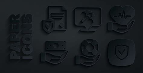 손에 구명 부표 보험 방패가 달린 돈 방패 우산 및 계약 아이콘을 설정합니다 벡터 3차원 형태에 대한 스톡 벡터 아트 및 기타 이미지 3차원 형태 가리키기 거리표식