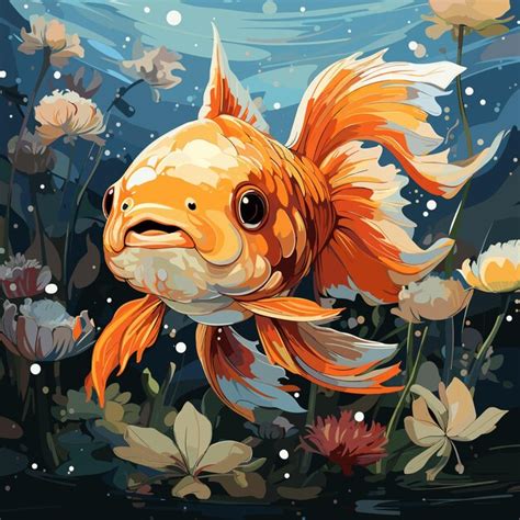 포스터 티셔츠 스티커 등을 위한 낭만적인 벡터 팝 아트 스타일 템플릿으로 물꽃과 식물 사이에 있는 밝고 화려한 금붕어 프리미엄 벡터