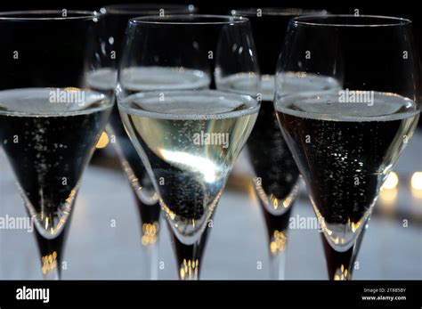 New Year Party Small Bubbles Of Brut Champagne Cava Or Prosecco Wine