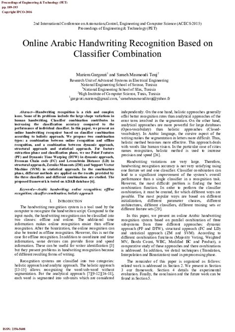 Pdf Arabic Handwriting Recognition Based On Classifier Combination