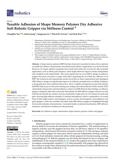 Pdf Tunable Adhesion Of Shape Memory Polymer Dry Adhesive Soft Robotic Gripper Via Stiffness