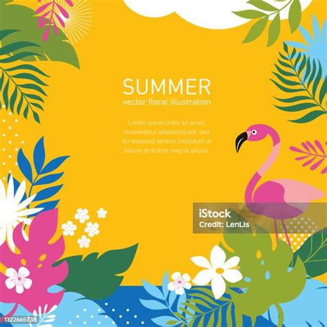 정글 이국적인 잎과 플라밍고와 포스터 만화 벡터 일러스트레이션 배너 아트 프린트 안녕하세요 여름 밝은 배경 0명에 대한 스톡 벡터 아트 및 기타 이미지 Istock