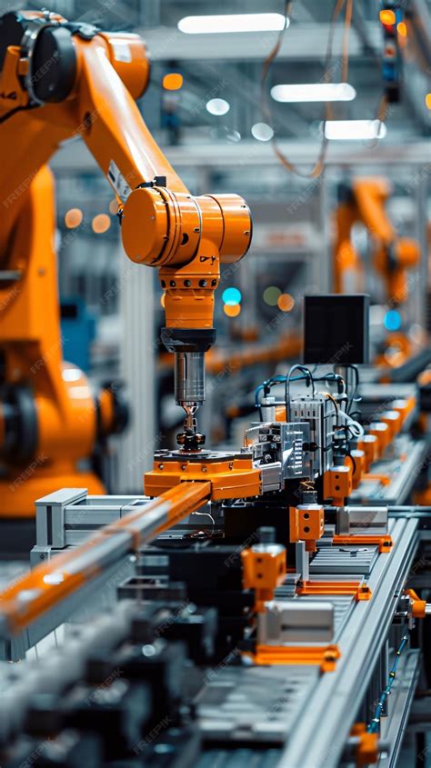 Modern Automated Factory With Robotic Arms On Assembly Line Premium Ai Generated Image