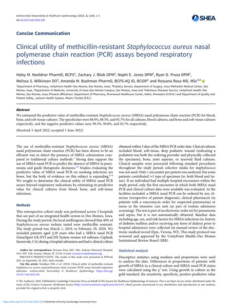 Pdf Clinical Utility Of Methicillin Resistant Staphylococcus Aureus Nasal Polymerase Chain