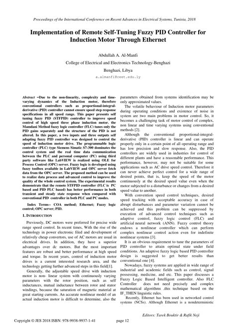 Pdf Implementation Of Remote Self Tuning Fuzzy Pid Controller For Induction Motor Through Ethernet