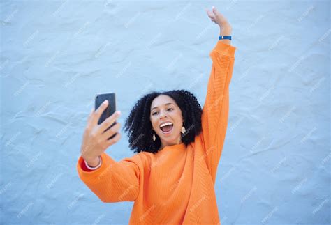 Premium Photo Black Woman Excited In Selfie Smartphone And Success