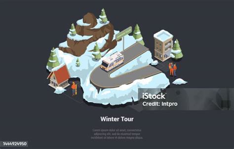 모험 하이킹 가족 여행 및 겨울 방학 작은 도시에서 도로를 타고 숲에서 캠핑카 눈 덮인 산에서 크리스마스 야외 가족 여행 아이소메트릭 3d 벡터 일러스트 레이 션 나무에