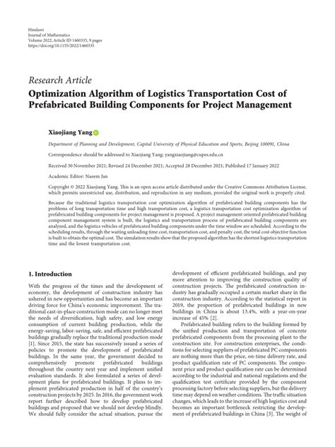 Pdf Optimization Algorithm Of Logistics Transportation Cost Of Prefabricated Building