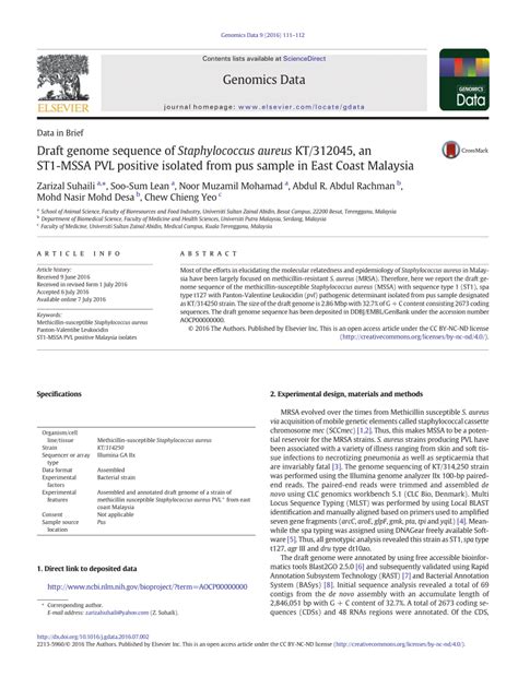 Pdf Draft Genome Sequence Of Staphylococcus Aureus Kt 312045 An St1 Mssa Pvl Positive
