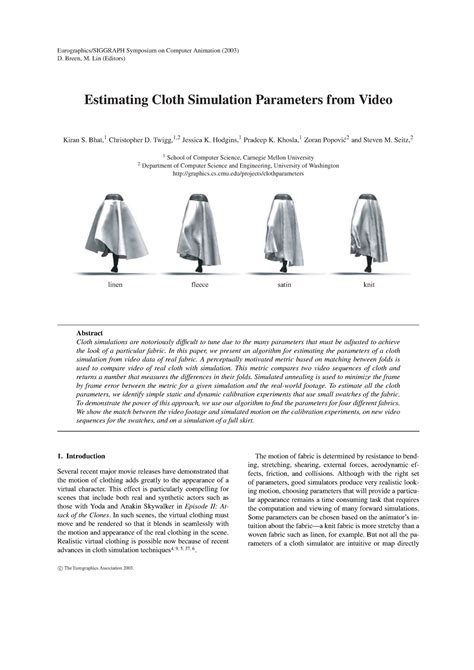Cloth Simulation Parameters Eurographicssiggraph Symposium On