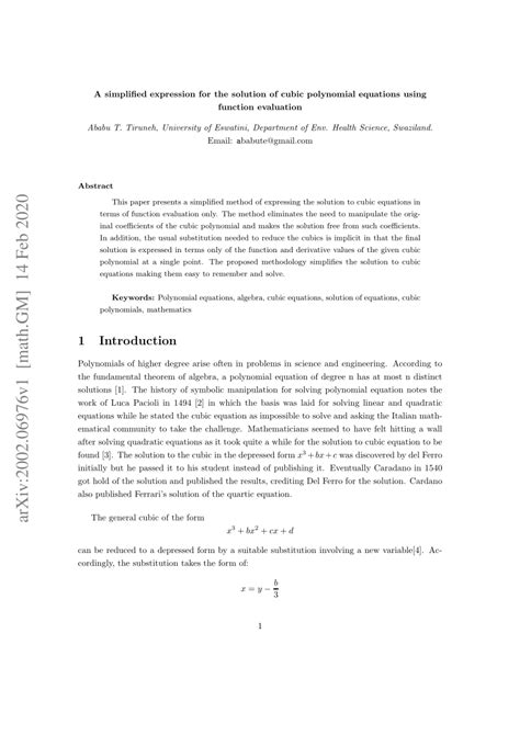 Pdf A Simplified Expression For The Solution Of Cubic Polynomial