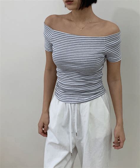2way2color여리여리 스트라이프 단가라 오프숄더 베이직 스퀘어넥 투웨이 반팔 티셔츠 에이블리