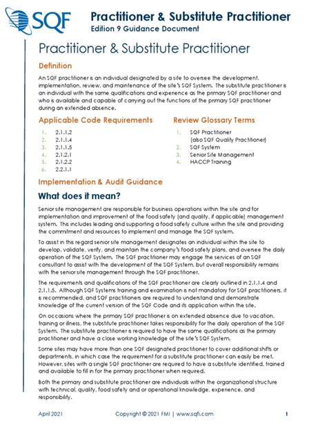 Sqf Practitioner And Substitute Practitioner Guidance Document Pdf Food Safety Business