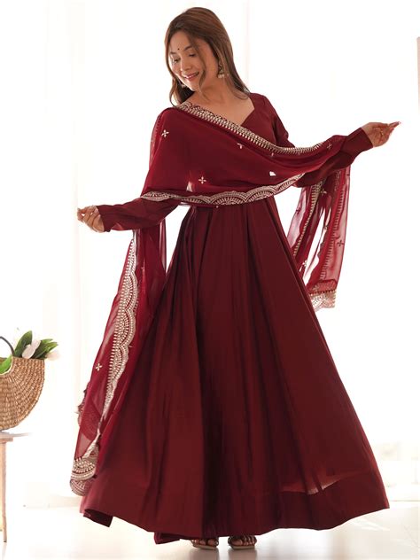 Glamorous Maroon Silk Festival Wear Anarkali Suit Pant With Dupatta Xxl