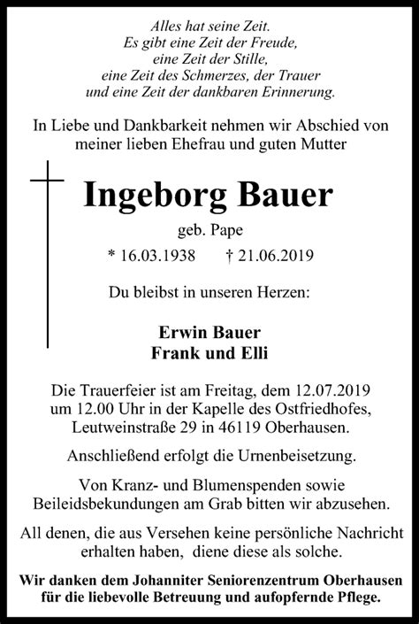 Traueranzeigen Von Ingeborg Bauer Trauer In Nrw De