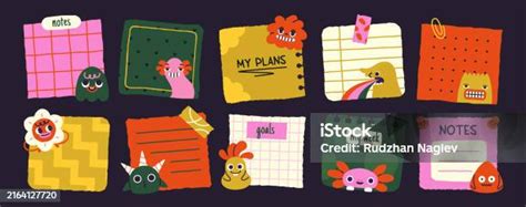 종이 스티커 메모 재미있는 낙서 문자가 있는 알림 메모 대학과 직장을 위한 메모 메시지가 있는 스티커 계획 및 일정 관리 플랫 벡터 일러스트 레이 션 세트 0명에 대한 스톡