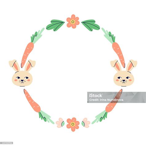 토끼 당근 꽃이 있는 행복한 부활절 라운드 프레임 하얀 배경에 행복한 부활절 손으로 그린 카드 중앙에 비문을 새길 수 있는 빈 공간 부분적인 윤곽선이 있는 평면 그림 고립된