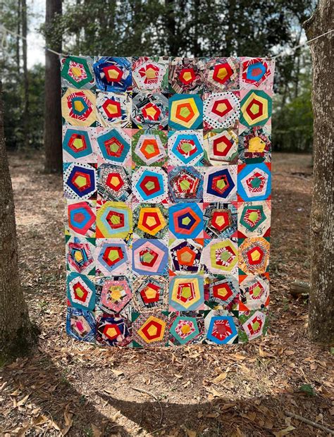 Vintage Feedsack Quilt Colorful Pentagon Design Almost Complete