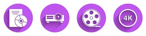 Cd 또는 Dvd 디스크 영화 필름 미디어 프로젝터 필름 릴 및 긴 그림자가있는 4k 울트라 Hd 아이콘을 설정합니다 벡터 결심에 대한 스톡 벡터 아트 및 기타 이미지