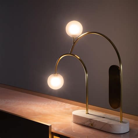 Modern Portable Two Table Lamp Marble Brass Handmade Portugal