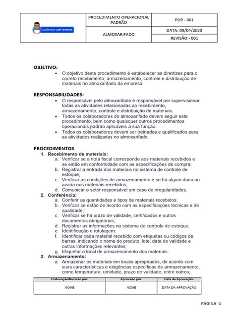 Pop Para Controle De Almoxarifado Pdf Negócios Casa E Jardim