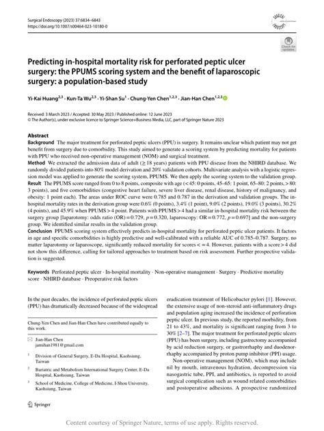 Predicting In Hospital Mortality Risk For Perforated Peptic Ulcer Surgery The Ppums Scoring